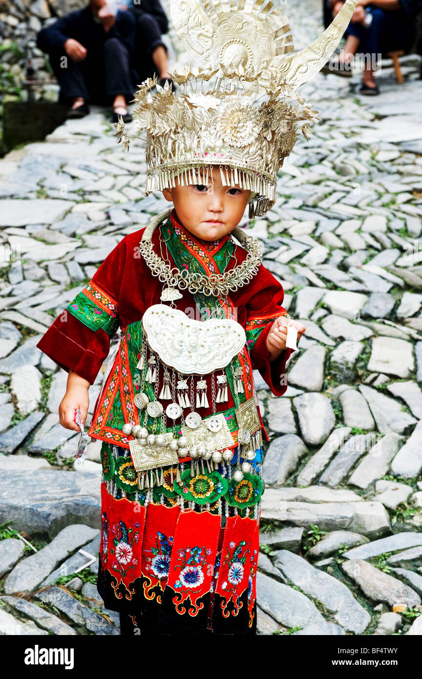 Miao ethnic minority young girl wearing traditional costume, Upper ...