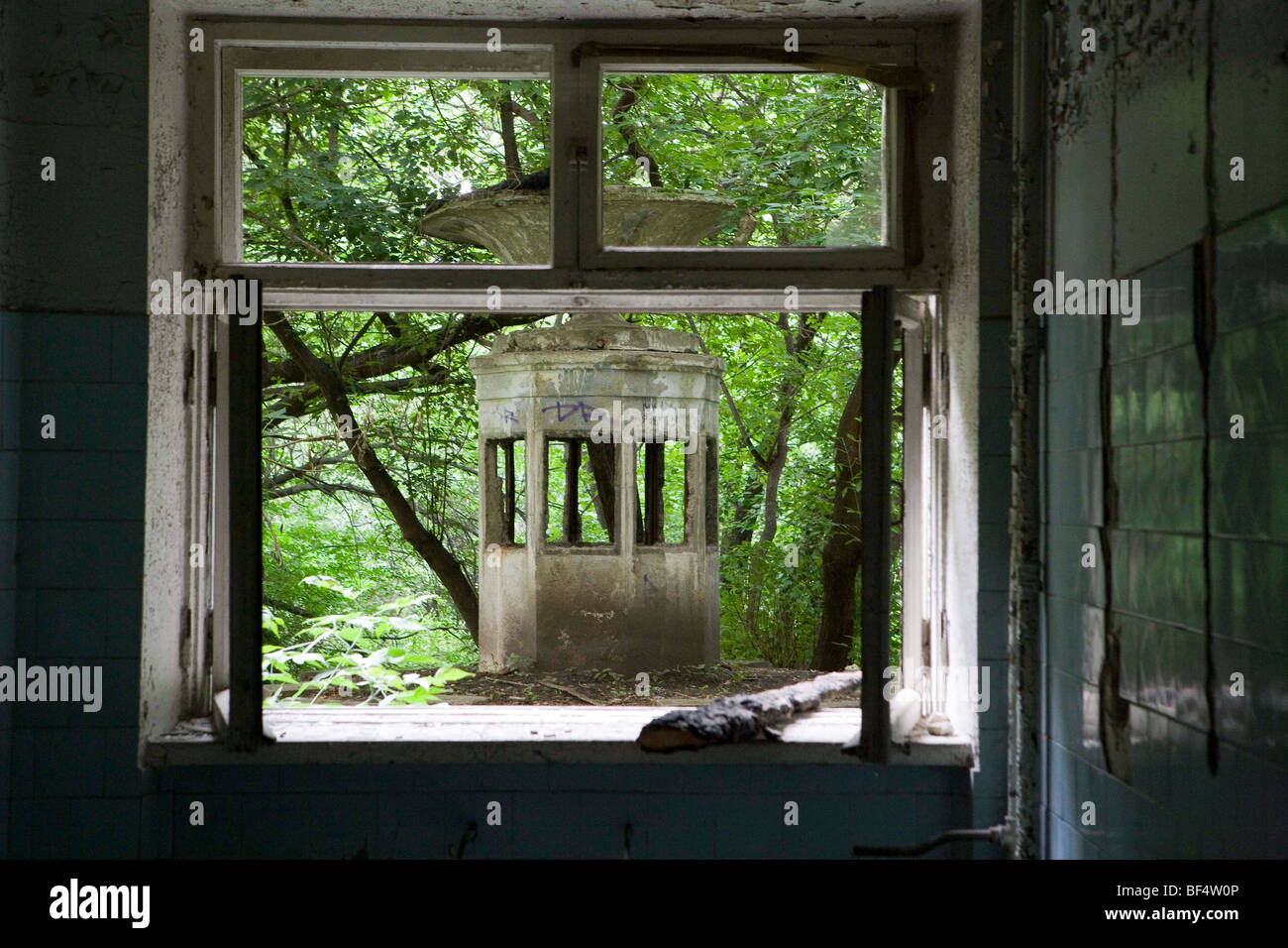 View of woodland water fountain from abandoned hospital window ...