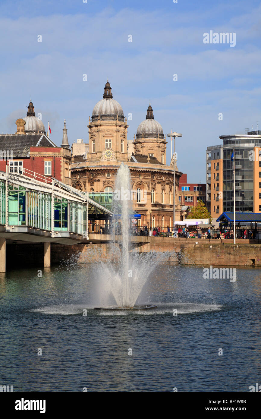 Fountain at Princes Quay with Maritime Museum and BBC building in the ...