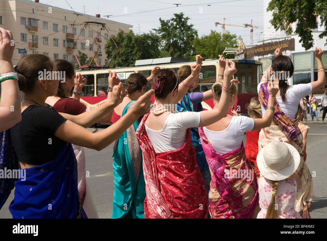 Disciples of Hare Krishna dancing on street, Ekaterinberg, Russia Stock ...