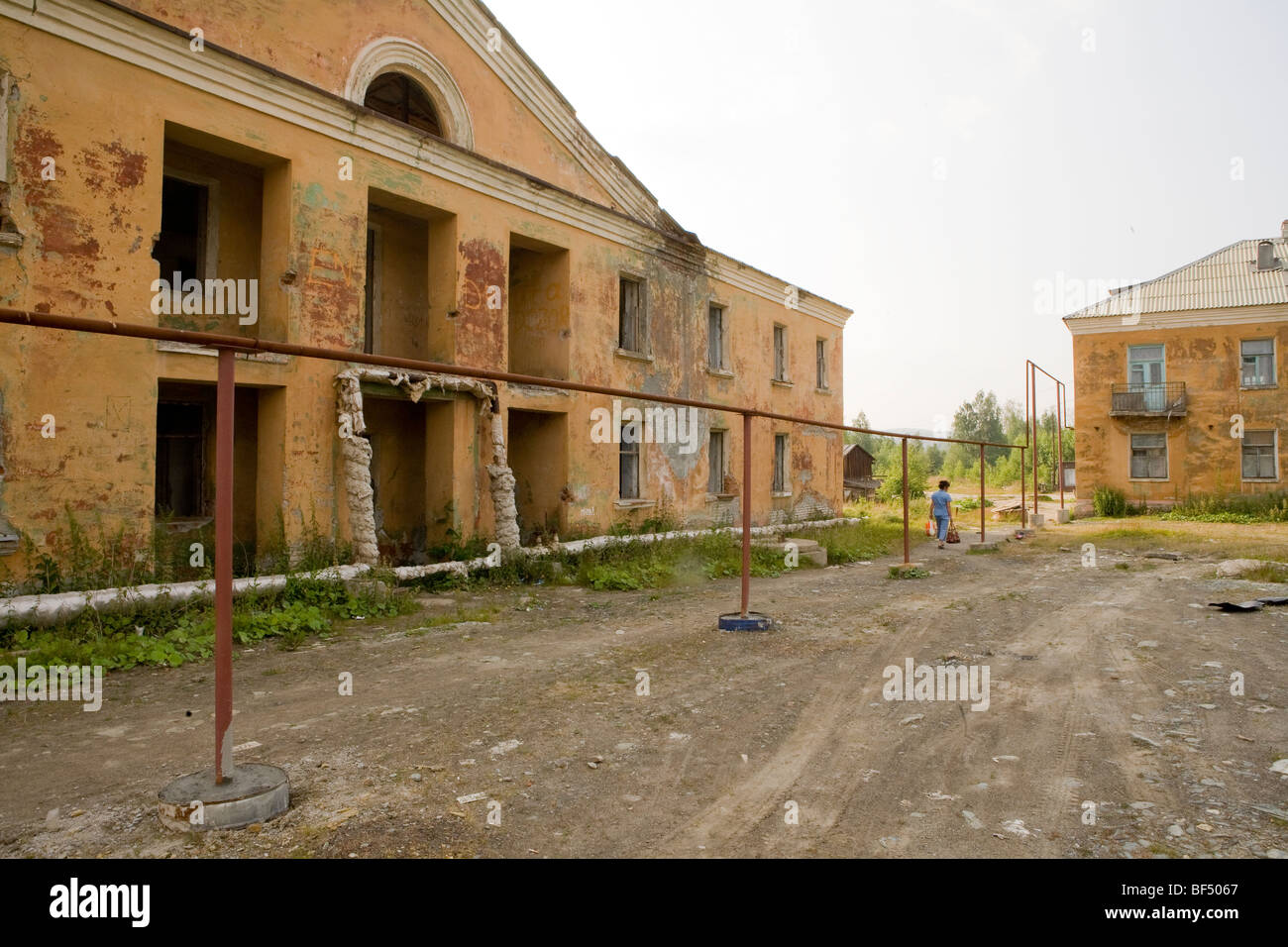 Abandoned traditional building in copper mining town, Karabash, Urals ...