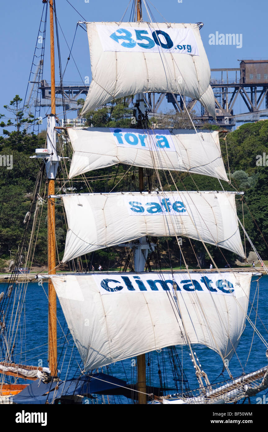 Tall ship with banners promoting an environmental awareness event ...
