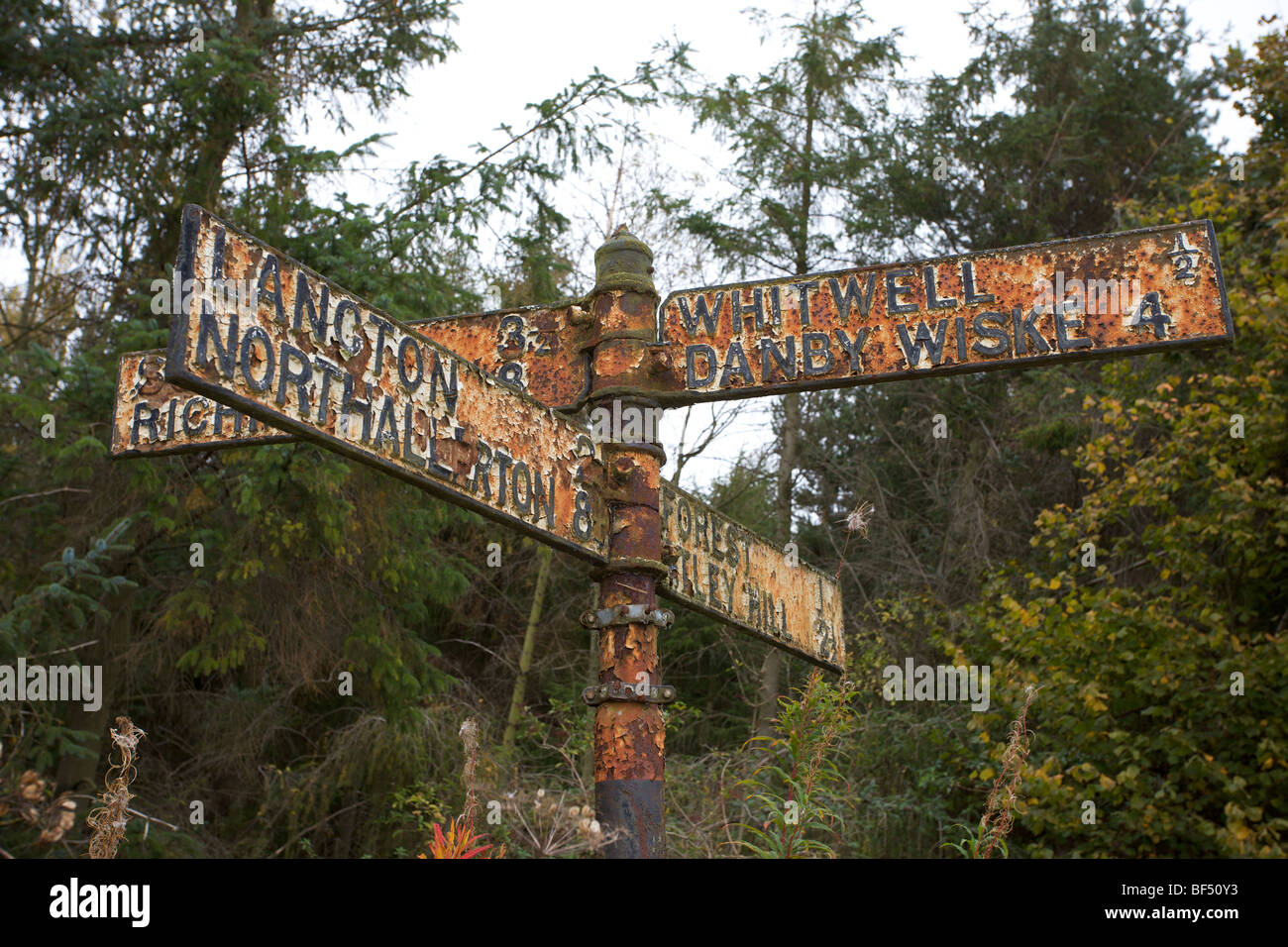 very old rusty road sign still in use in North Yorkshire, UK Stock ...