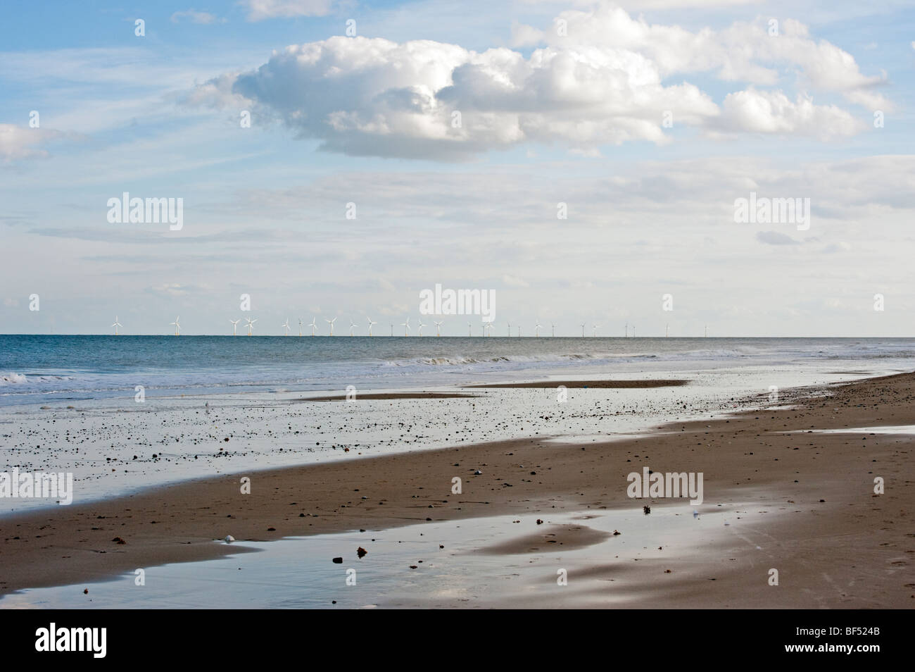 Empty beach,windfarm in far distance,big sky,Winterton,Norfolk,UK Stock ...