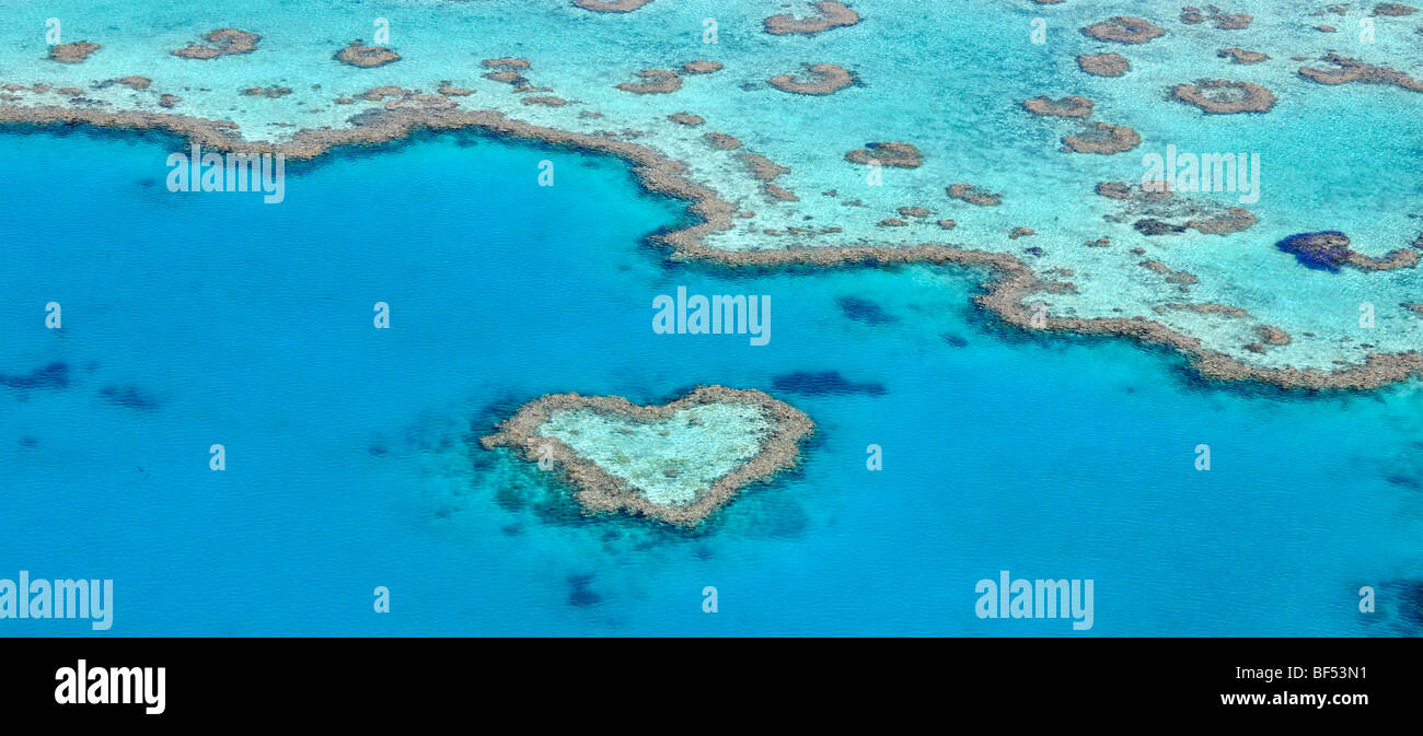 Panorama, aerial view of the ocean floor, Heart Reef, heart-shaped reef ...