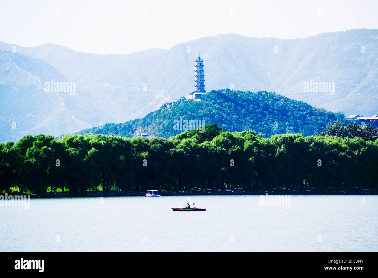 View across Kunming Lake towards Yu Quan Hill with Yu Feng Pagoda ...