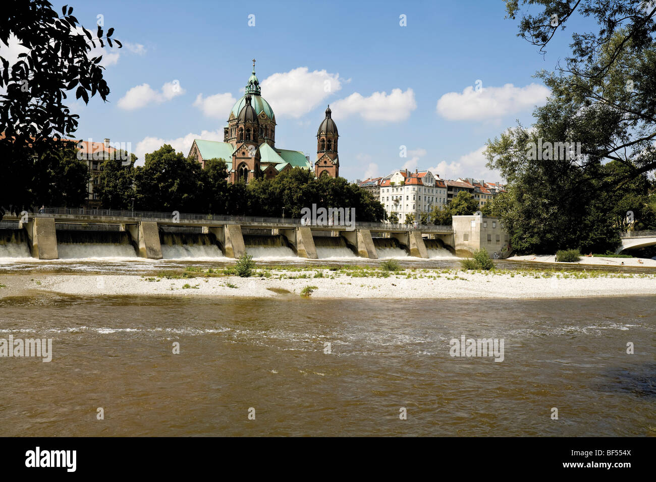 Weir bridge, Isar river, St. Lucas church, Munich, Bavaria, Germany ...