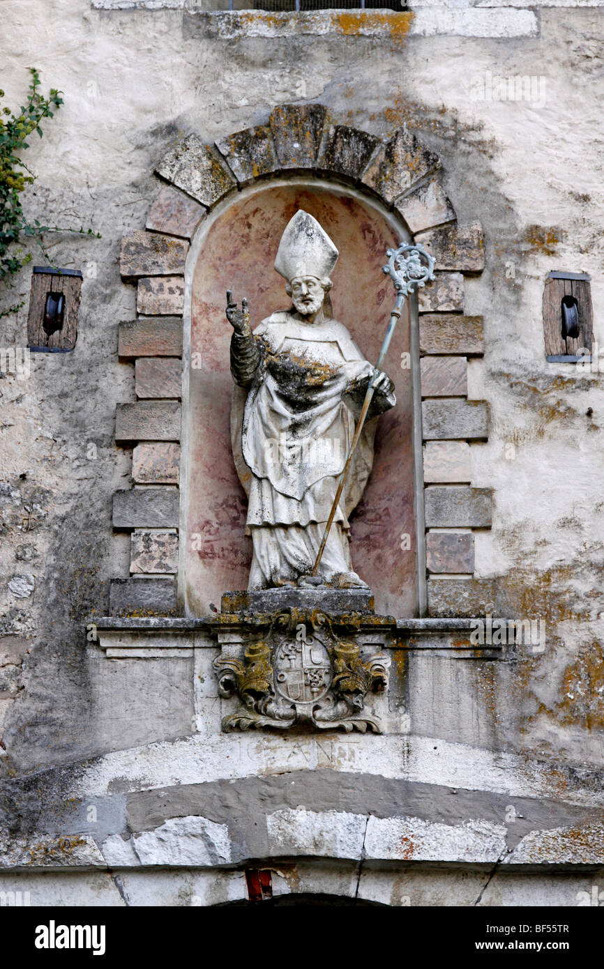 Main gate with the statue of St. Willibald, Willibaldsburg castle ...
