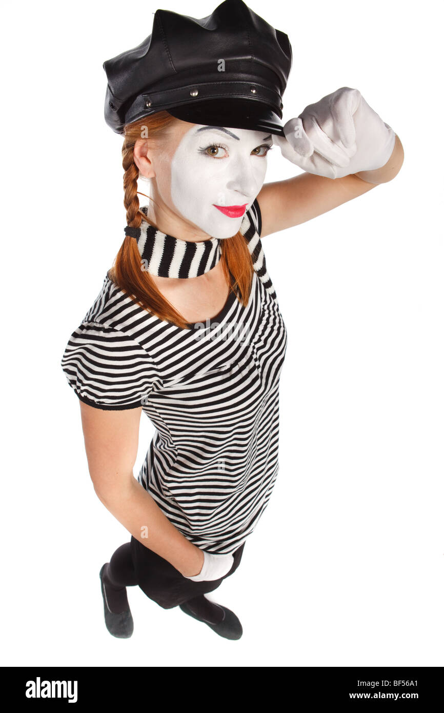 Portrait of a young lady dressed up as a mime isolated on white ...