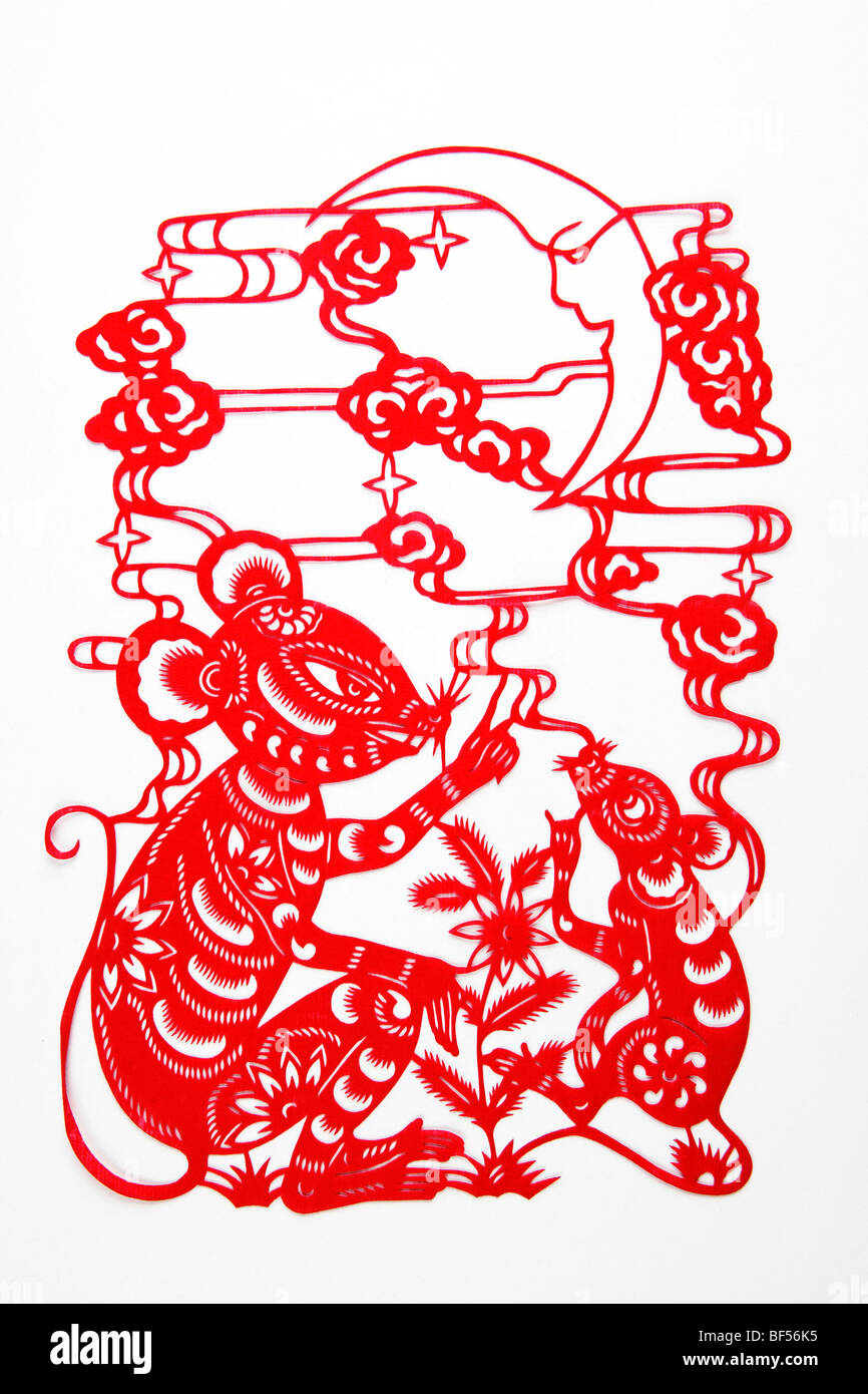 Paper Cutting piece with Chinese horoscope Rat, Beijing, China Stock ...