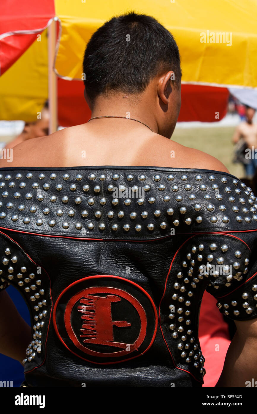 Back view of a Mongolian wrestler, Xilamuren Grassland, Baotou City ...