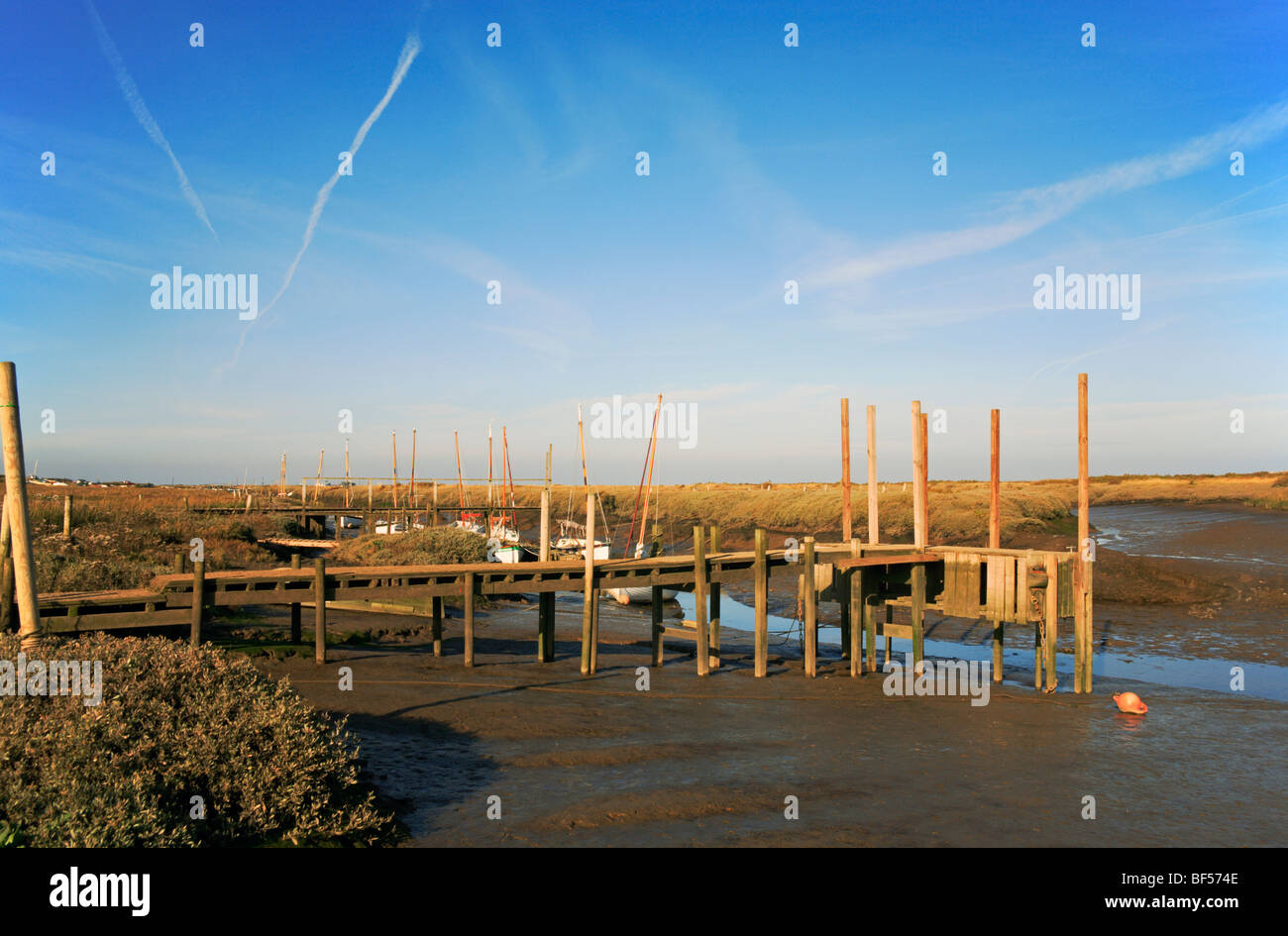 Creek at Morston, Norfolk, United Kingdom, with wooden staging for ...