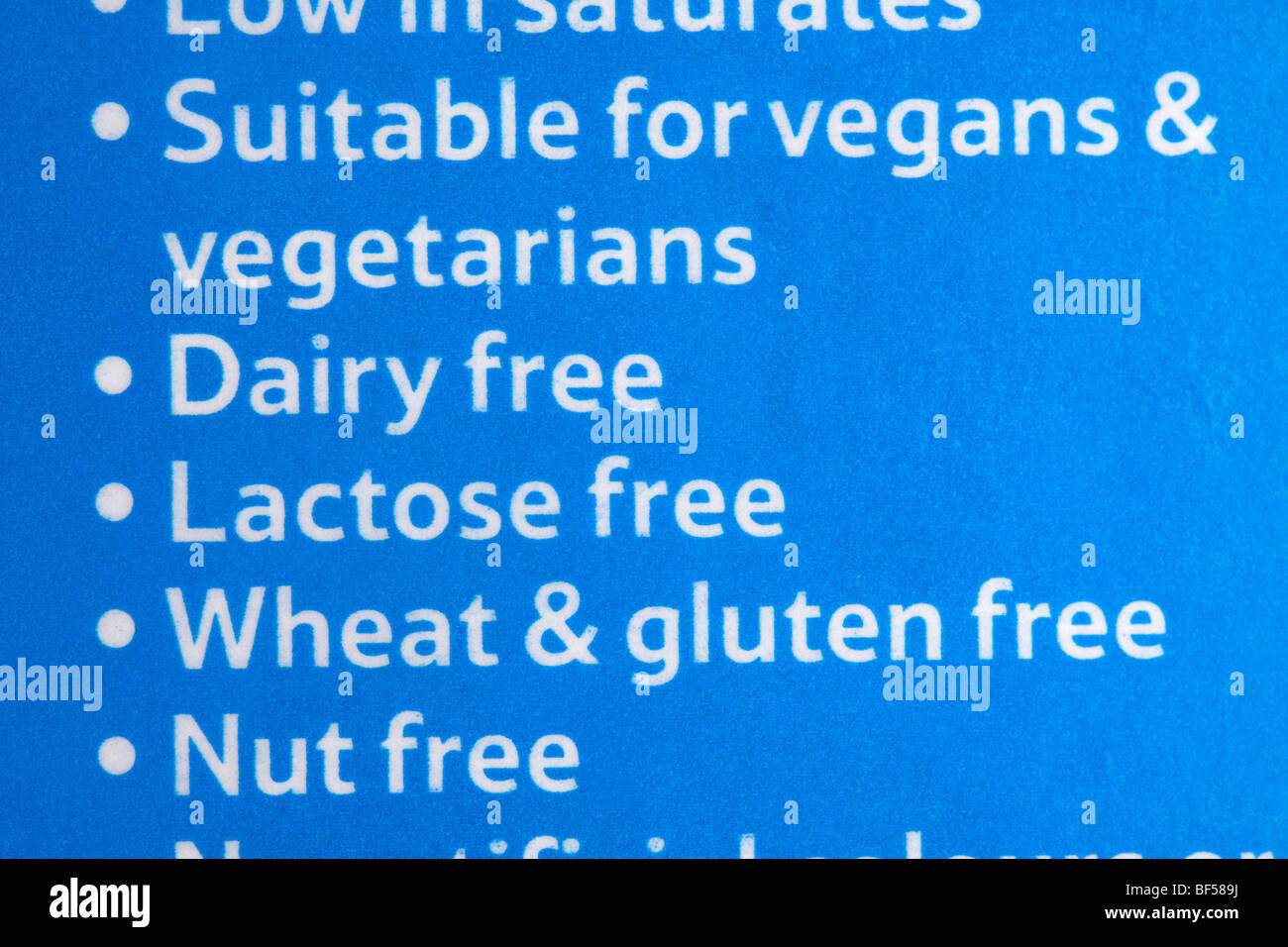 list of health benefits and suitability on food label on a carton of ...