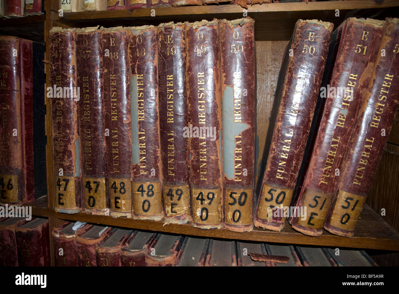 Old leather bound ledgers - funeral directors record books - in a ...