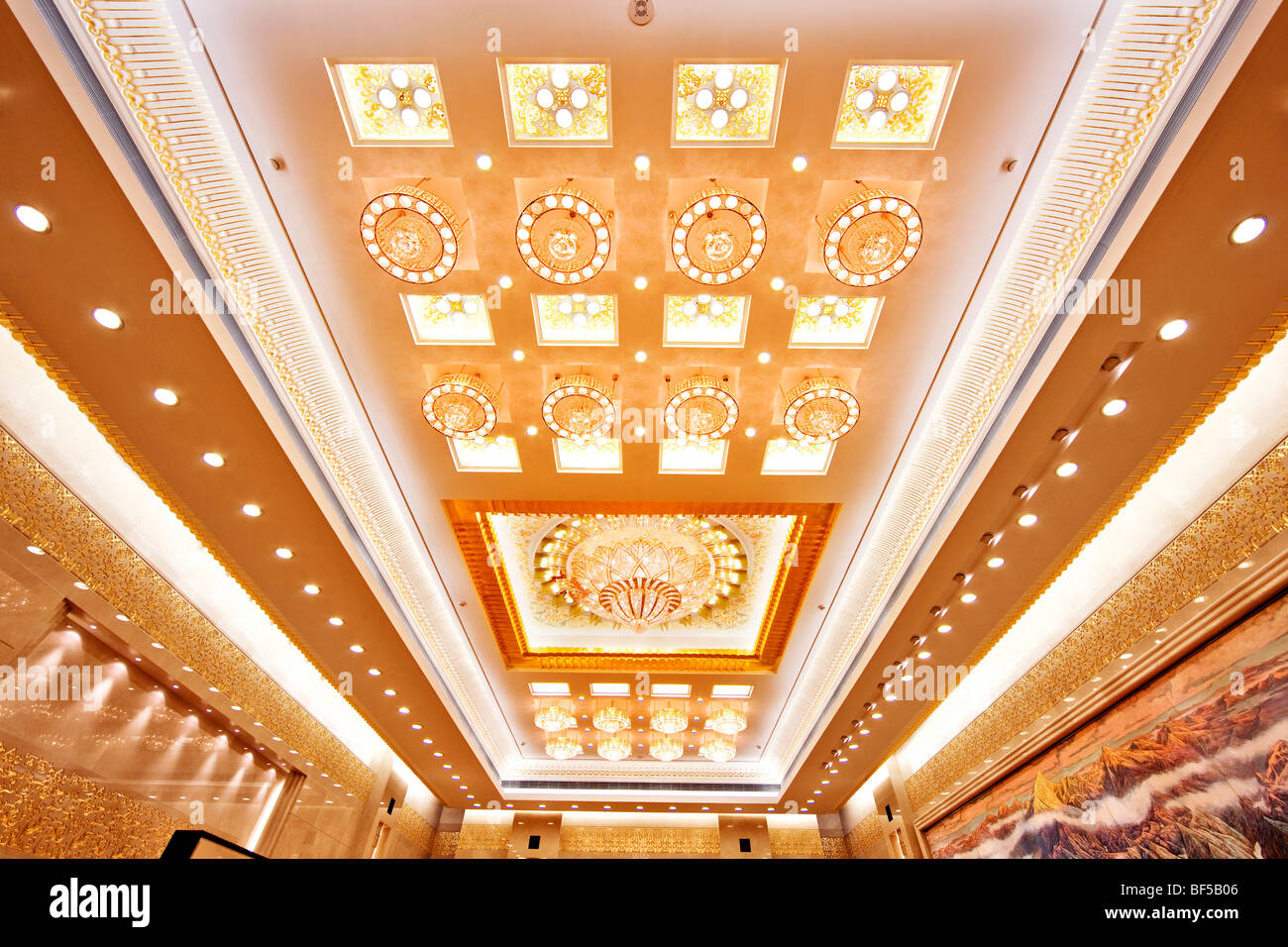 Elaborate light fixture on the ceiling of Great Hall of the People ...