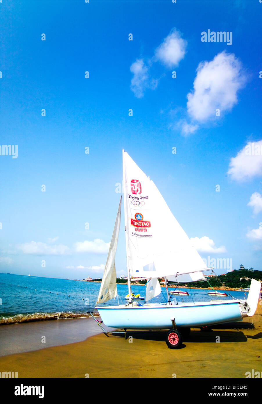 Sailboat with Beijing Olympic logo on seaside, Qingdao City, Shandong ...