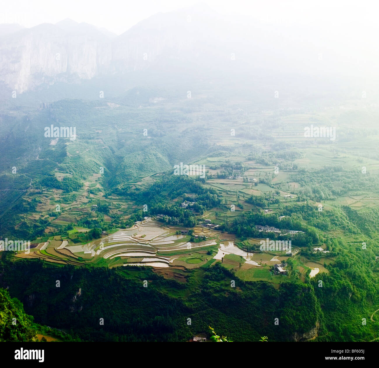 Aerial view of farmland, Sanyou Cave Scenic Area, Lichuan, Enshi Tujia ...