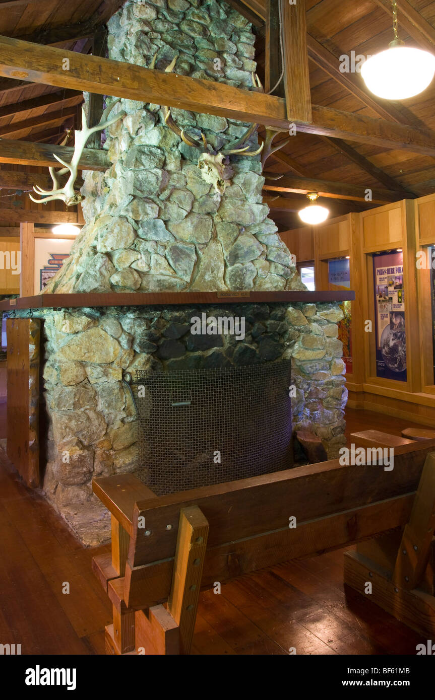 Stone rock fireplace, Elk Prairie Visitor Center at Prairie Creek ...