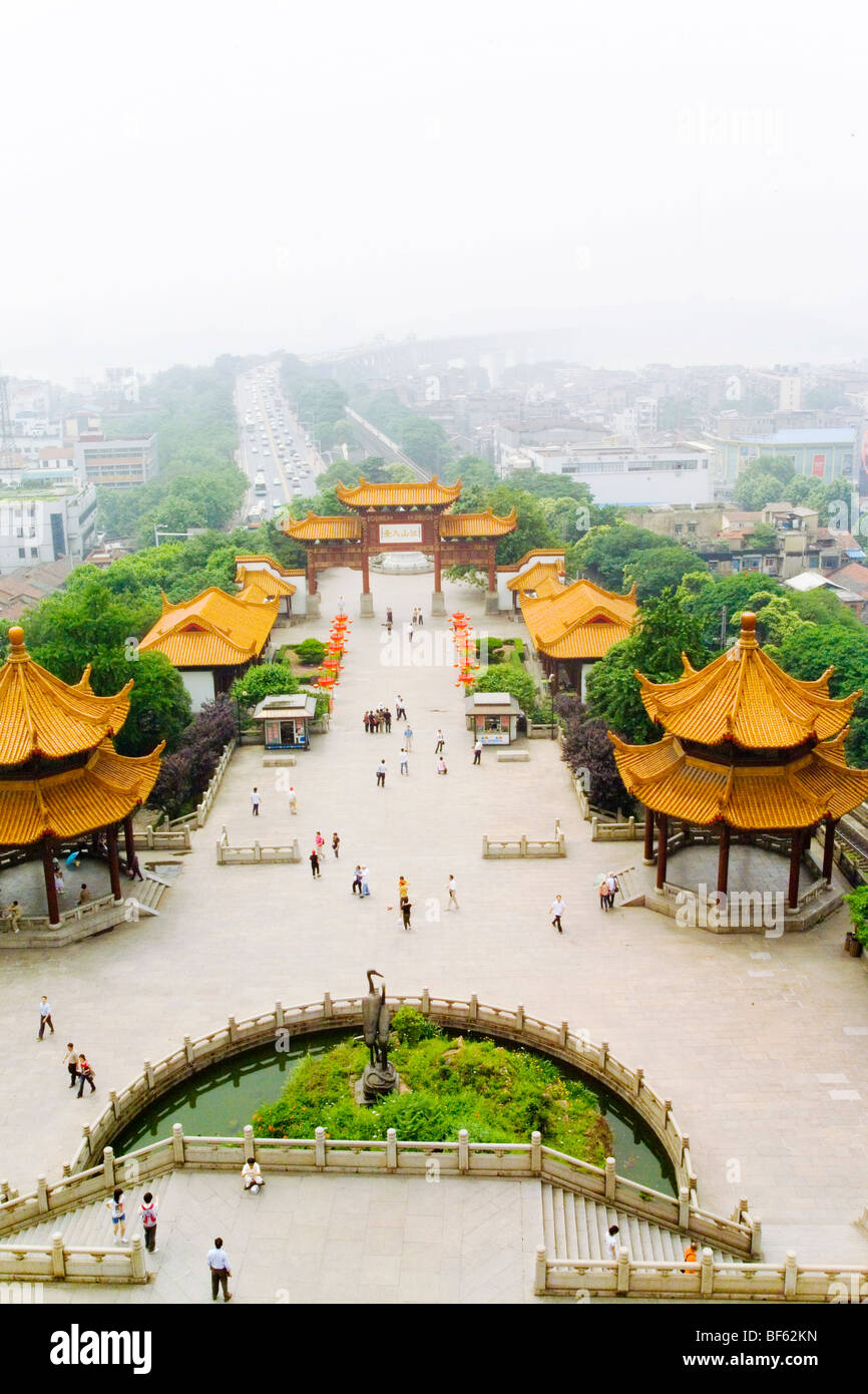 Aerial view of entrance of Yellow Crane Tower Park, Wuhan City, Hubei ...