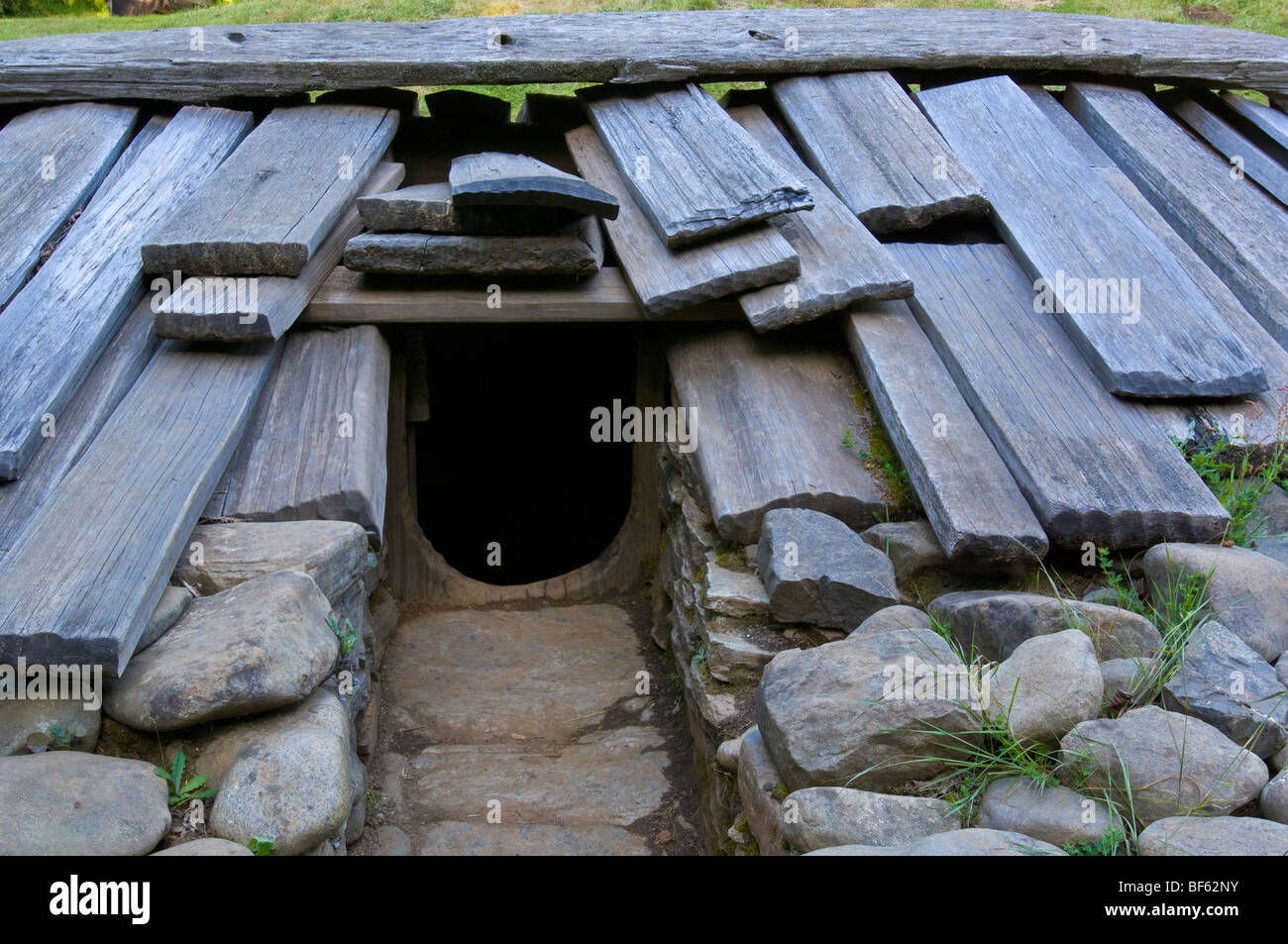Reconstruction of traditional native american Yurok Indian lodges at ...