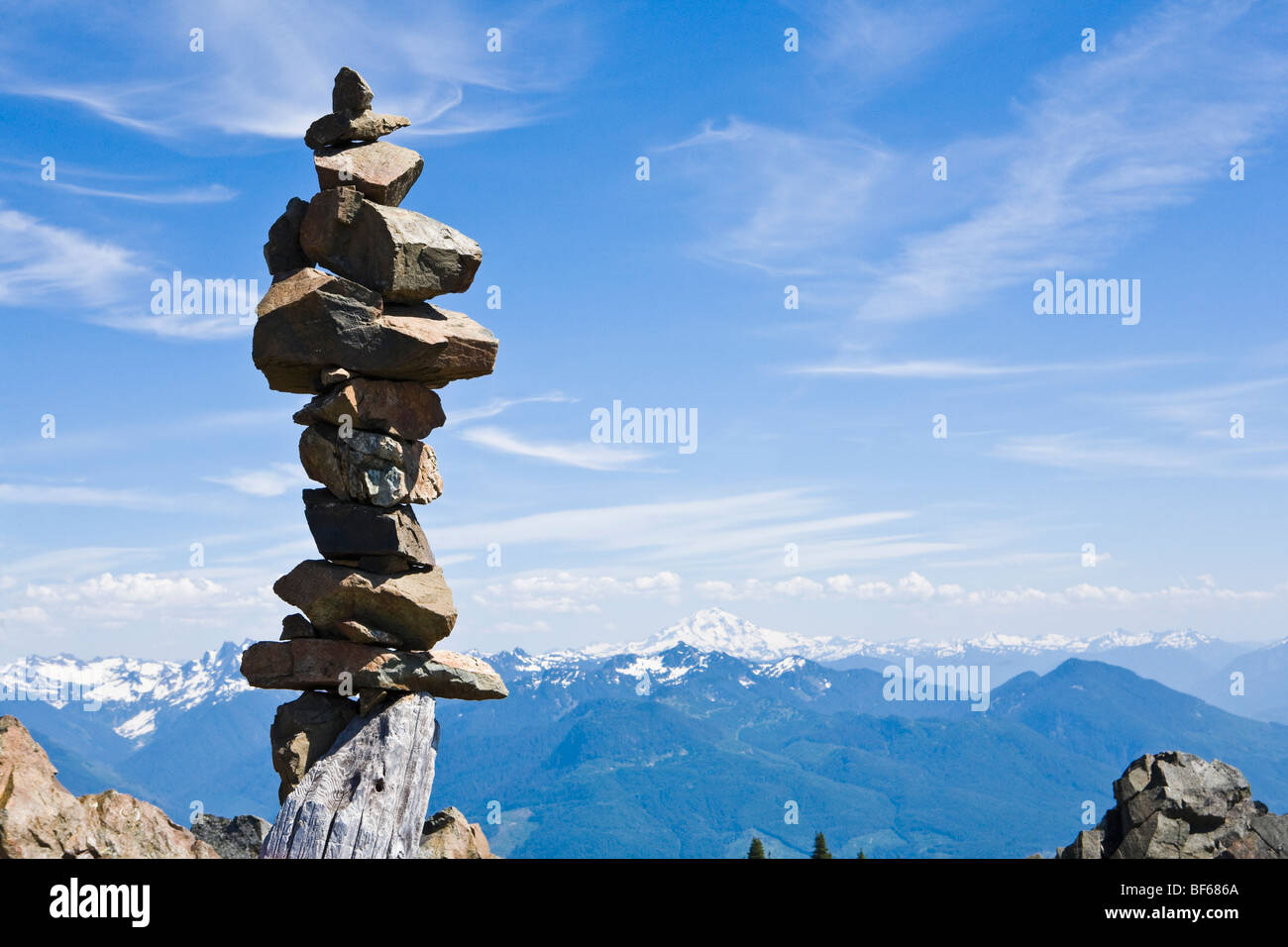 An amazing stack of rocks marking the summit of Sauk Mountain in the ...