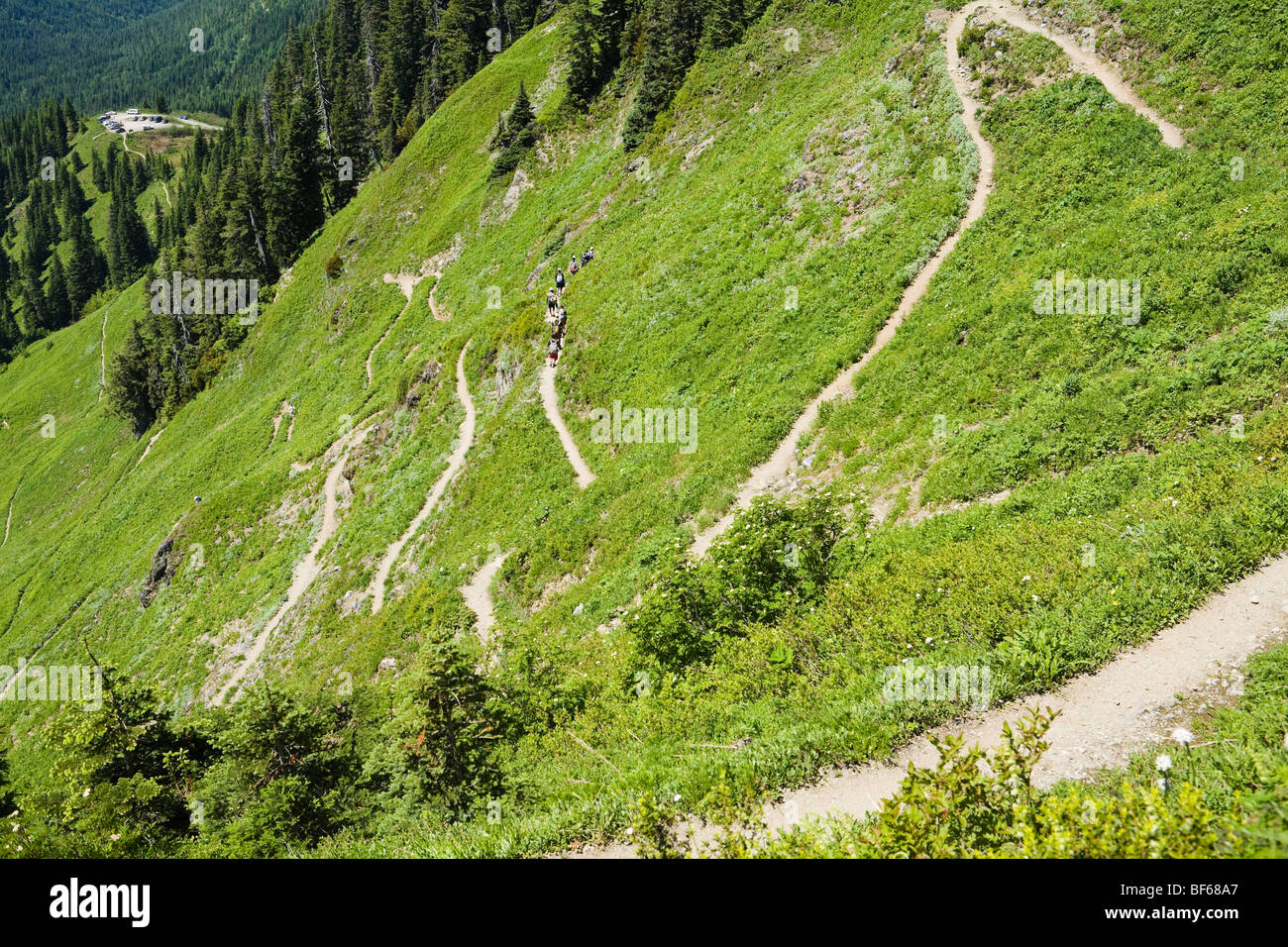 A view looking down at switchbacks and hikers on the Sauk Mountain ...