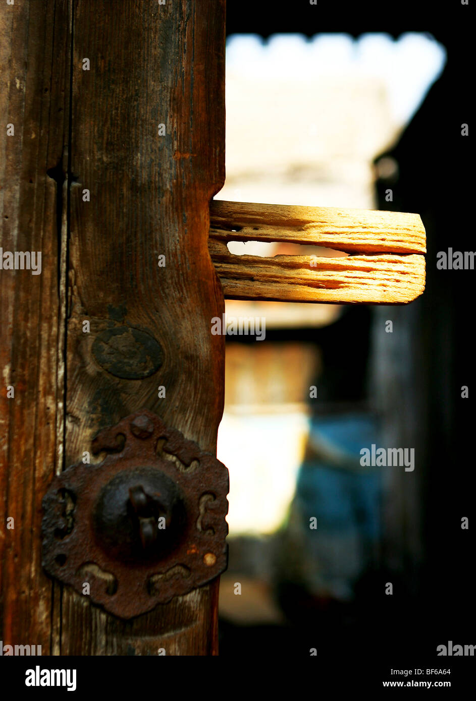 Wooden lock mechanism of the gate of a traditional courtyard house ...