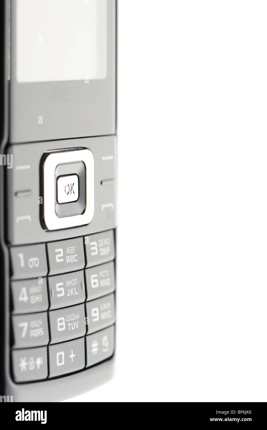 object on white - mobile phone with head set Stock Photo - Alamy