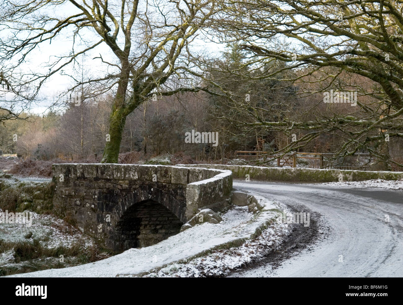 Light snow at Norsworthy Bridge near Burrator, Dartmoor, Devon UK Stock ...