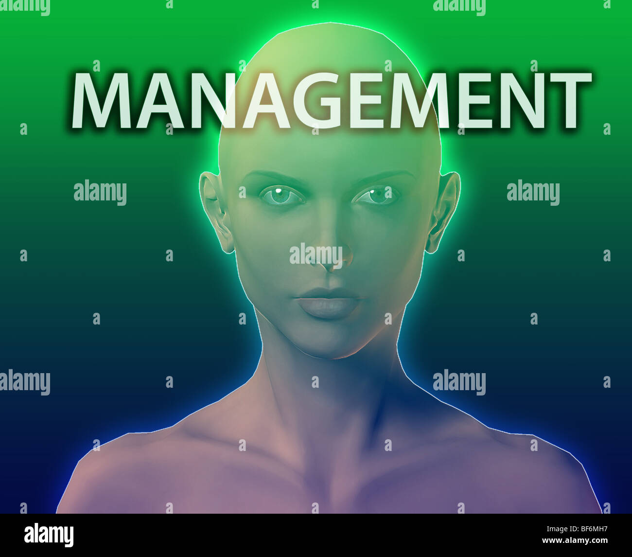 Illustration of woman's face with management strategy slogan Stock ...