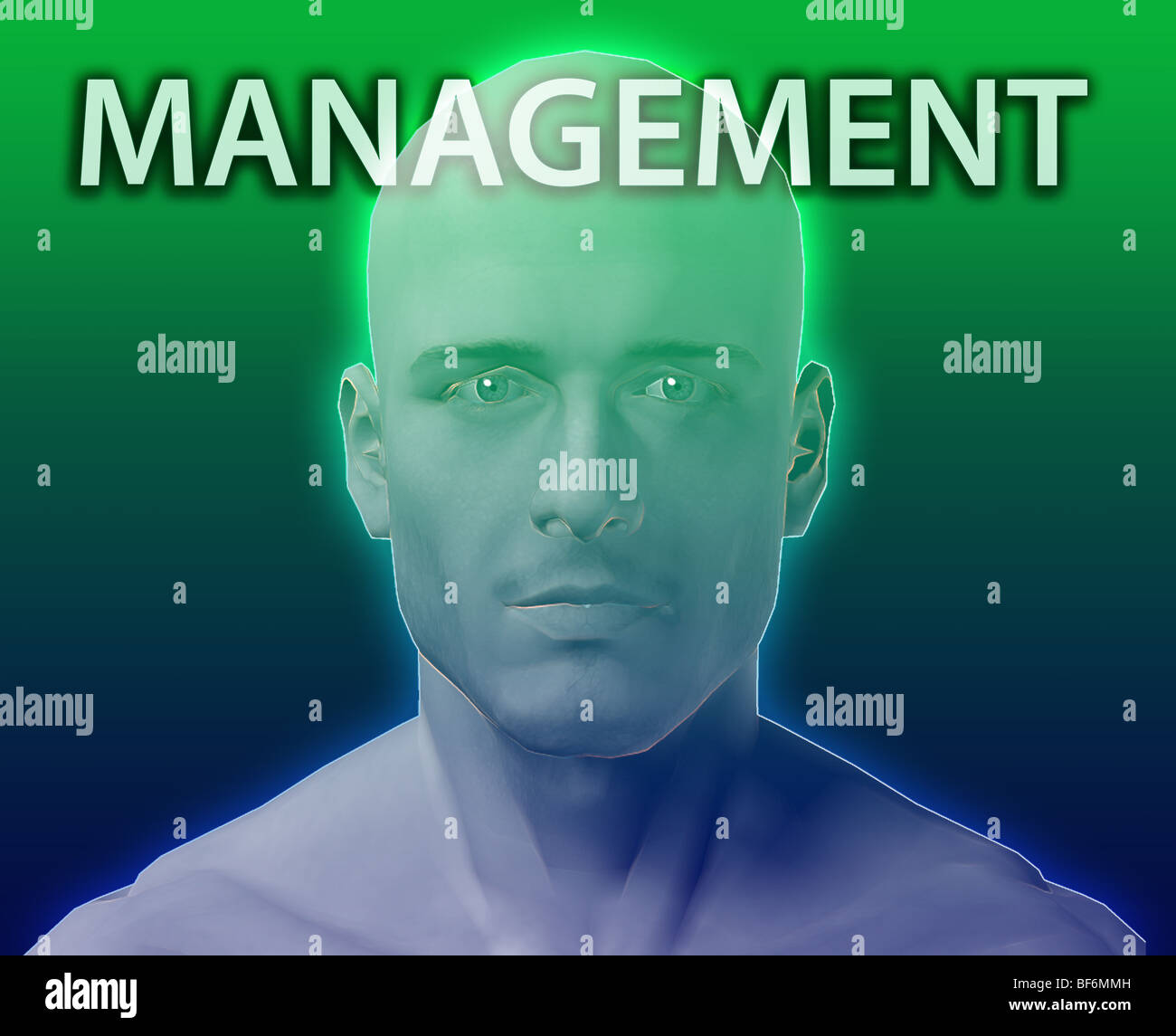 Head for management, man's face with strategy slogan Stock Photo - Alamy