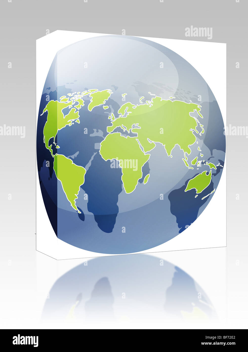 Software package box Map of the world illustration, on glossy spherical ...