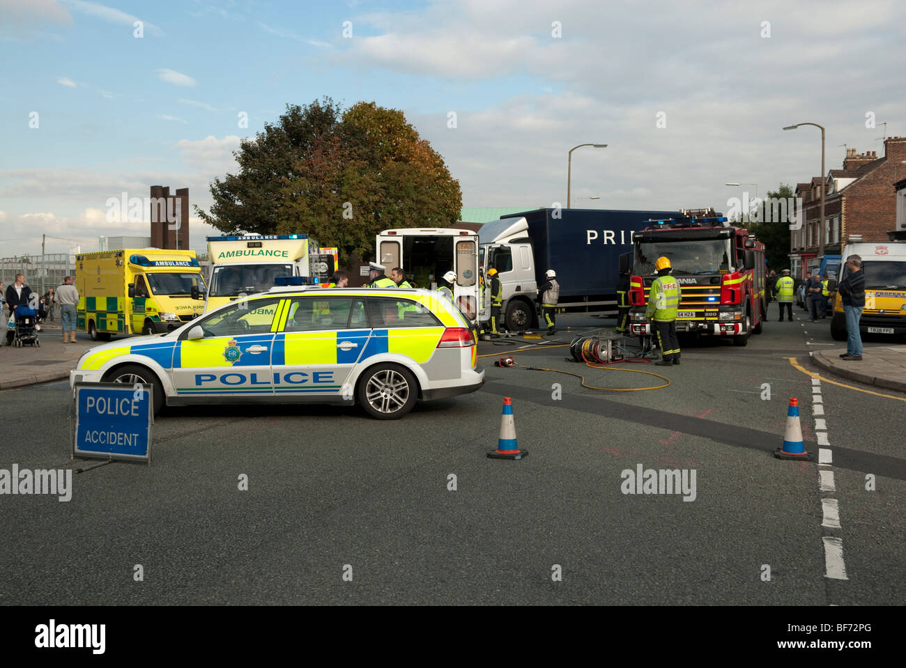 RTC with Police Fire Engine Ambulance and HGV Stock Photo - Alamy