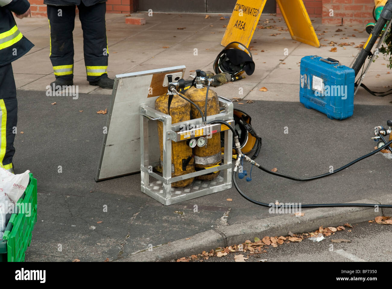 Fire Service BA Cylinders ready for use in Hazmat Decontamination Stock ...