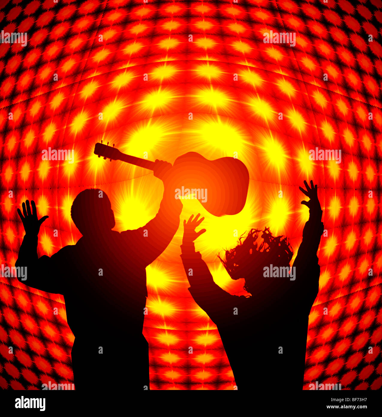 man with guitar and woman dancing at a rave concert Stock Photo - Alamy