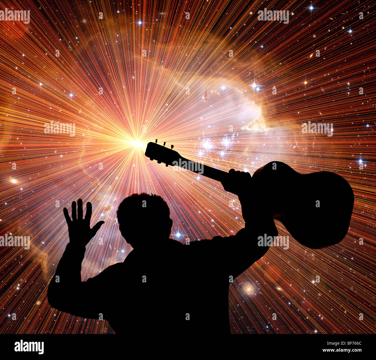 man with guitar dancing at a rave lighting display Stock Photo - Alamy