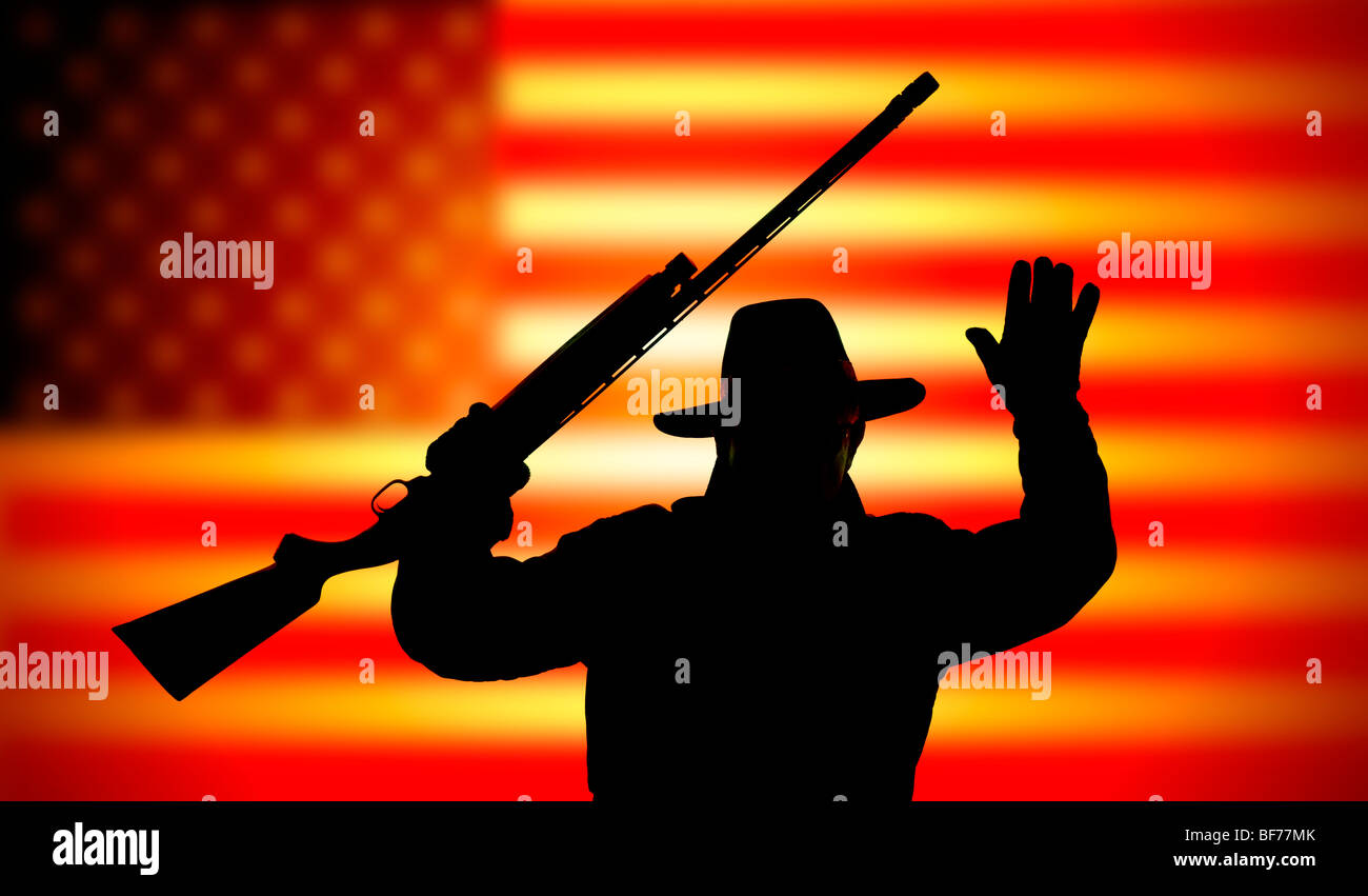 man with gun silhouetted against American flag Stock Photo - Alamy