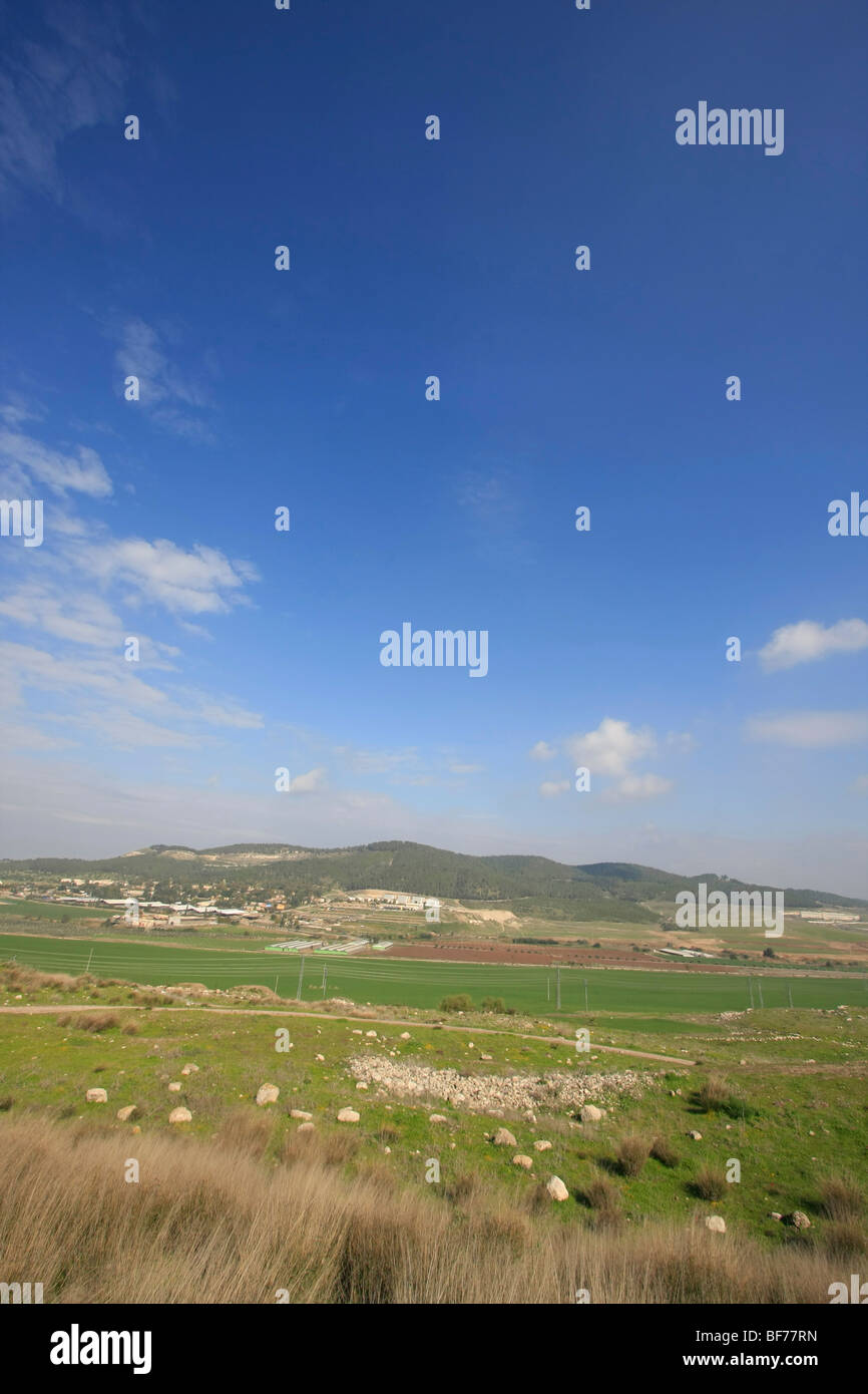 Israel, Shephelah. Sorek valley and Tel Tzora as seen from Tel Beth ...
