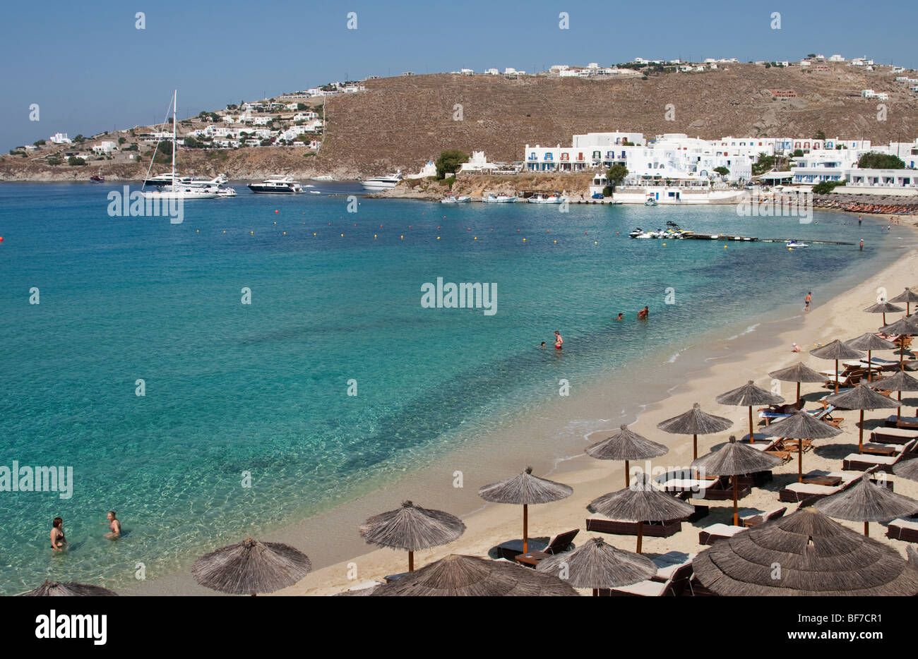 Platis Gialos (Platys Gialos) beach on Mykonos island, Greece Stock ...