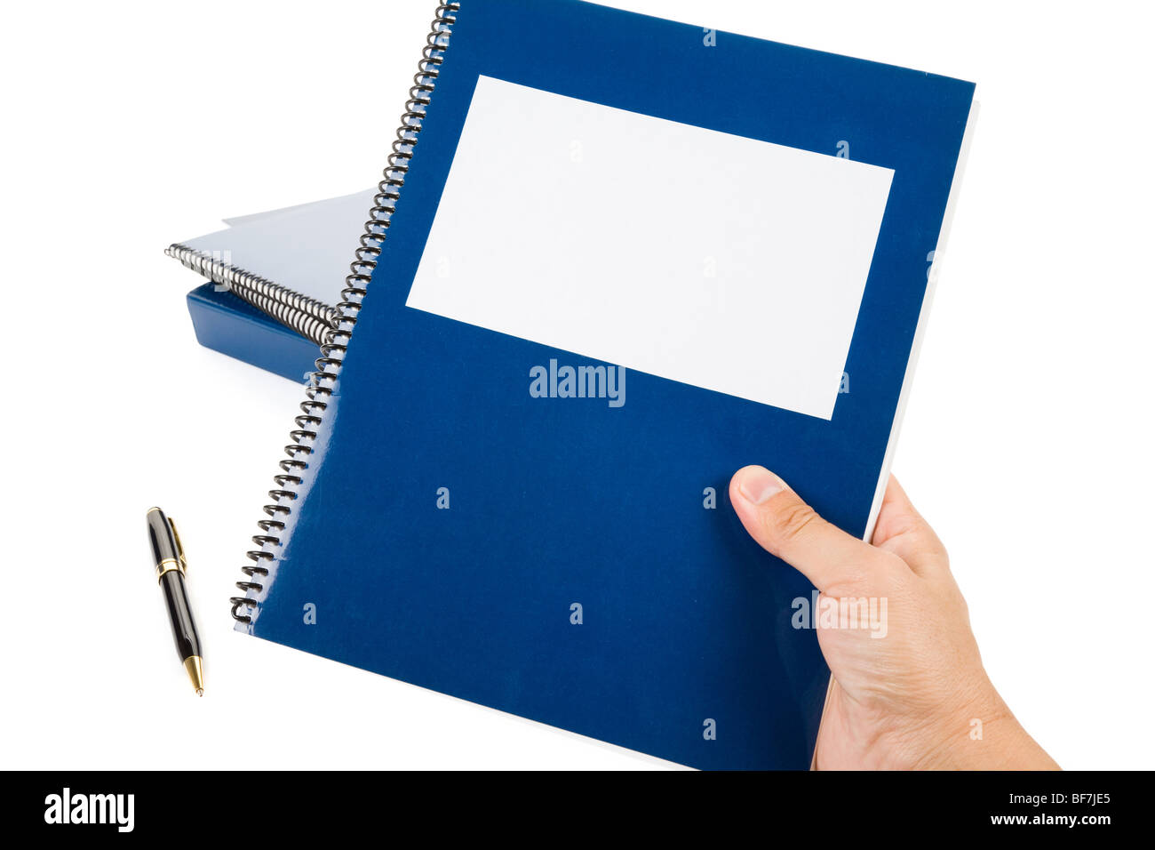 Blue school textbook, notebook or manual with white background Stock ...
