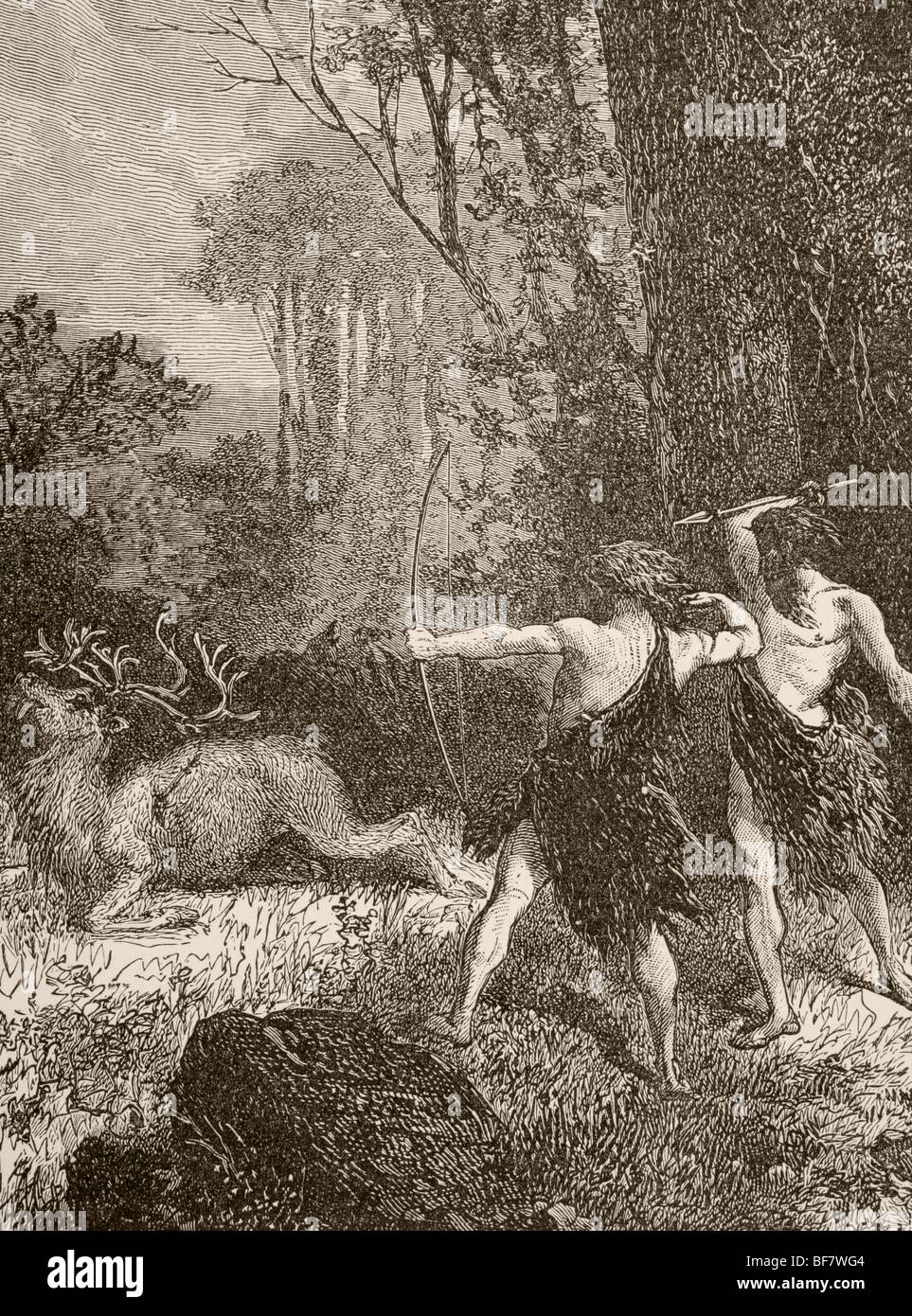 Prehistoric men hunting with bow and arrow and spear Stock Photo - Alamy