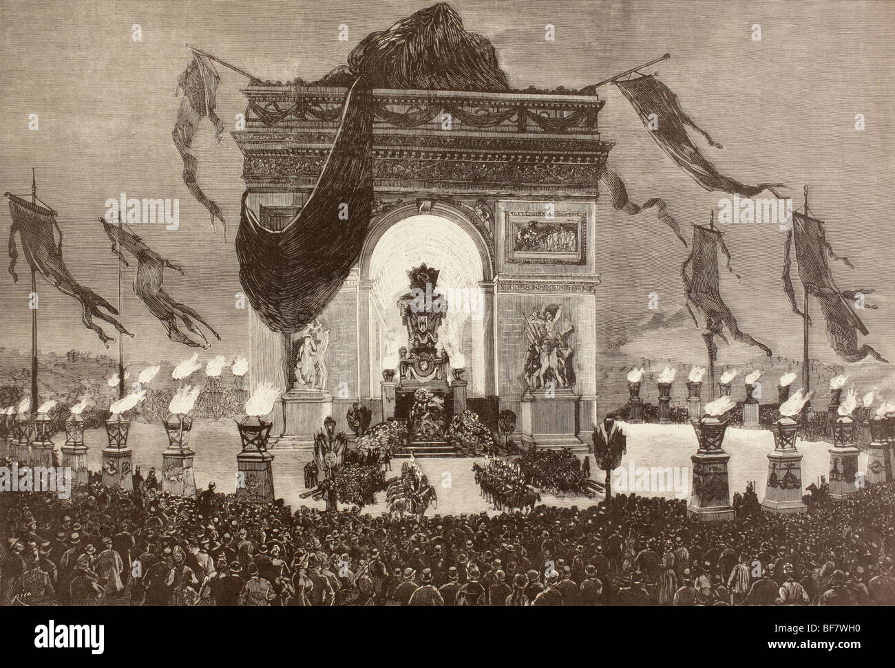 The coffin of French writer Victor Hugo is displayed beneath the Arc de ...