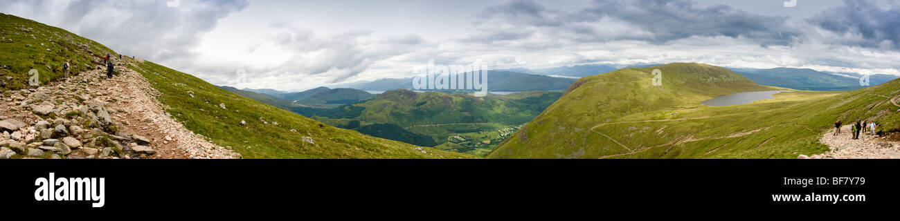 Panoramic view from Ben Nevis showing walkers on the "Z" path and ...