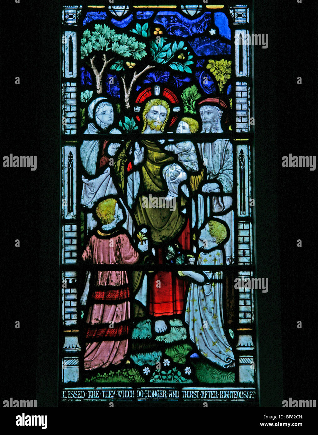 A stained glass window depicting Jesus Preaching, Church of St Mary ...