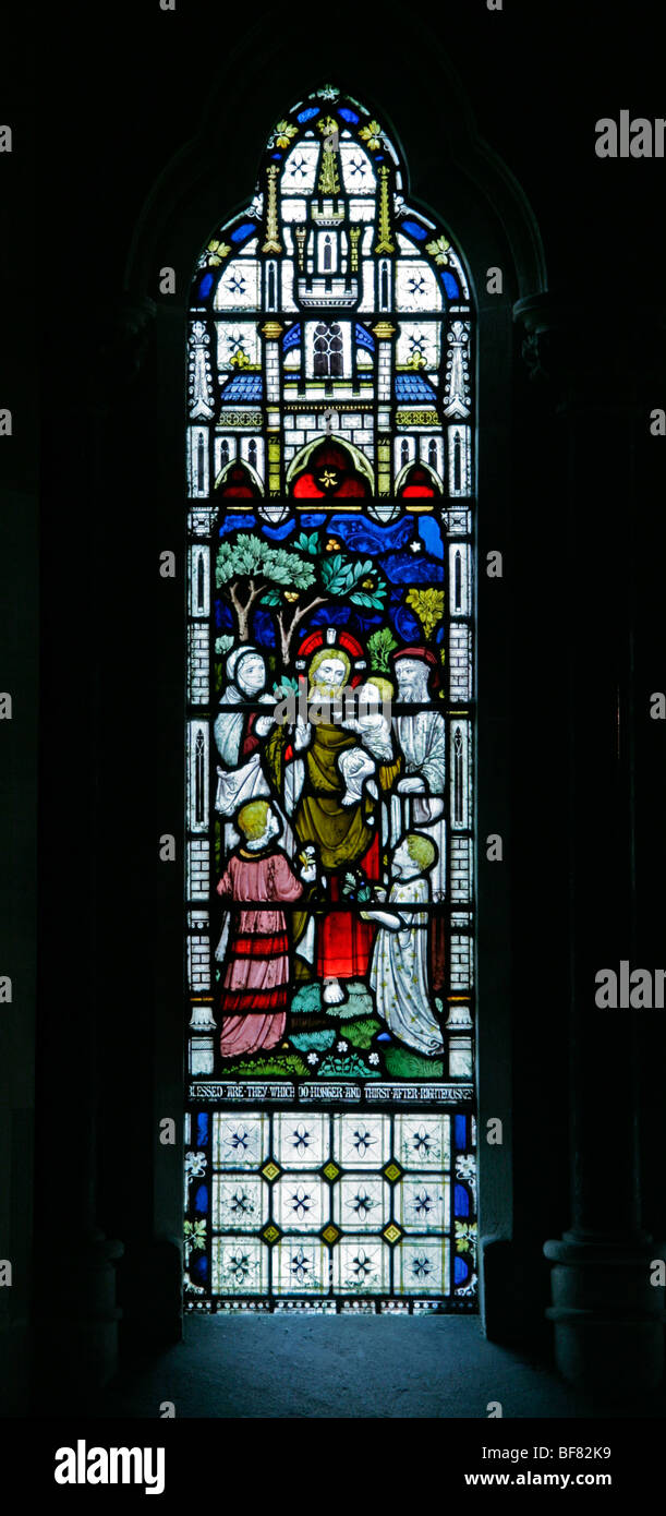 A stained glass window depicting Jesus preaching, Church of St Mary ...