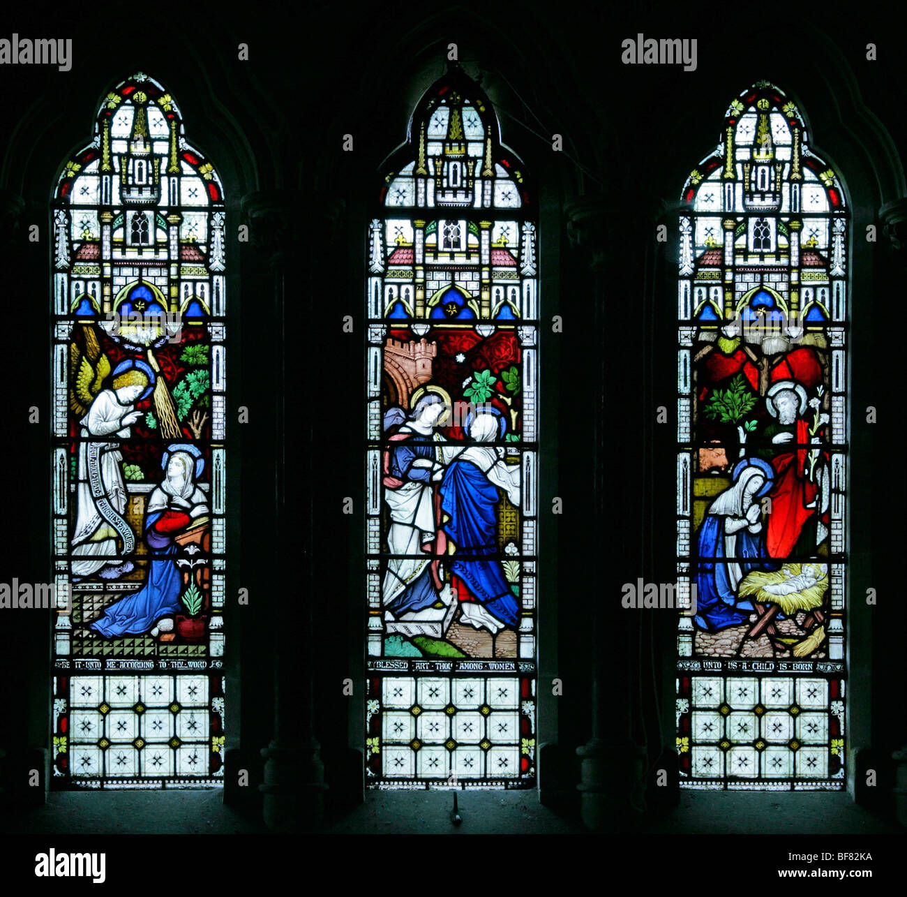 A stained glass window depicting scenes from the New Testament, Church ...