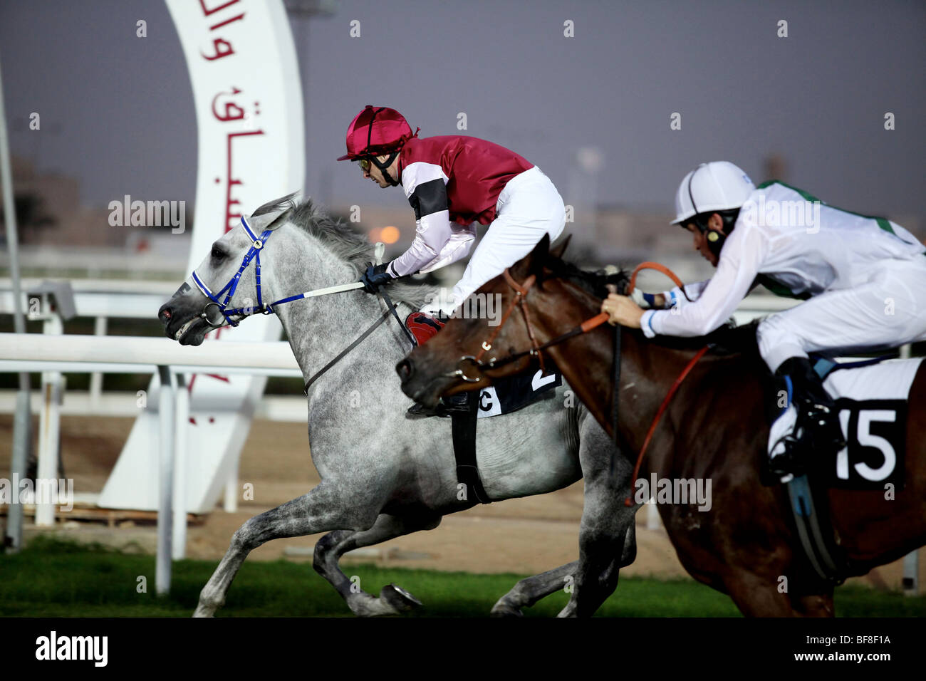 Two horses race towards the finish line in Doha, Qatar, in the second ...