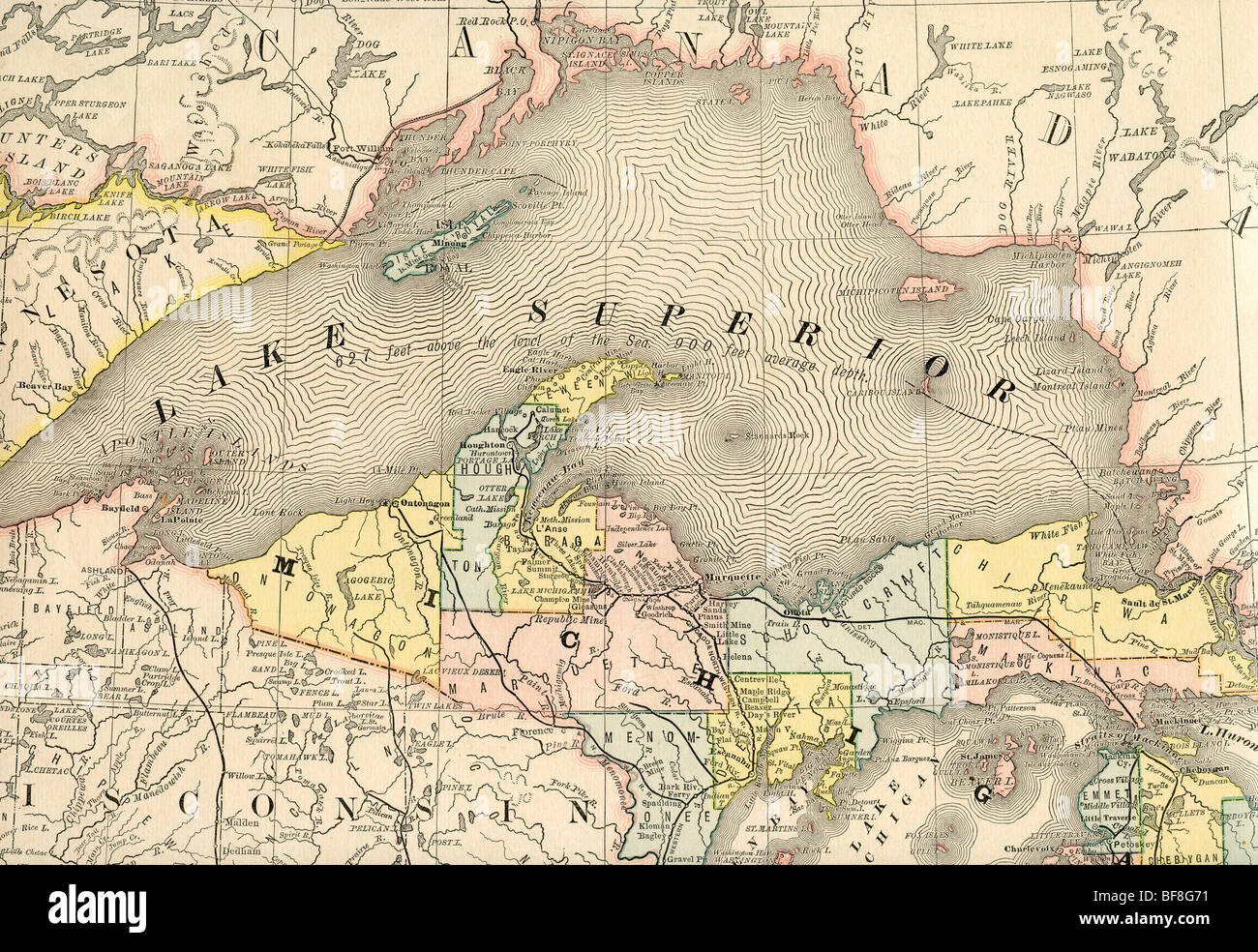 Original old map of Lake Superior from 1884 geography textbook Stock ...