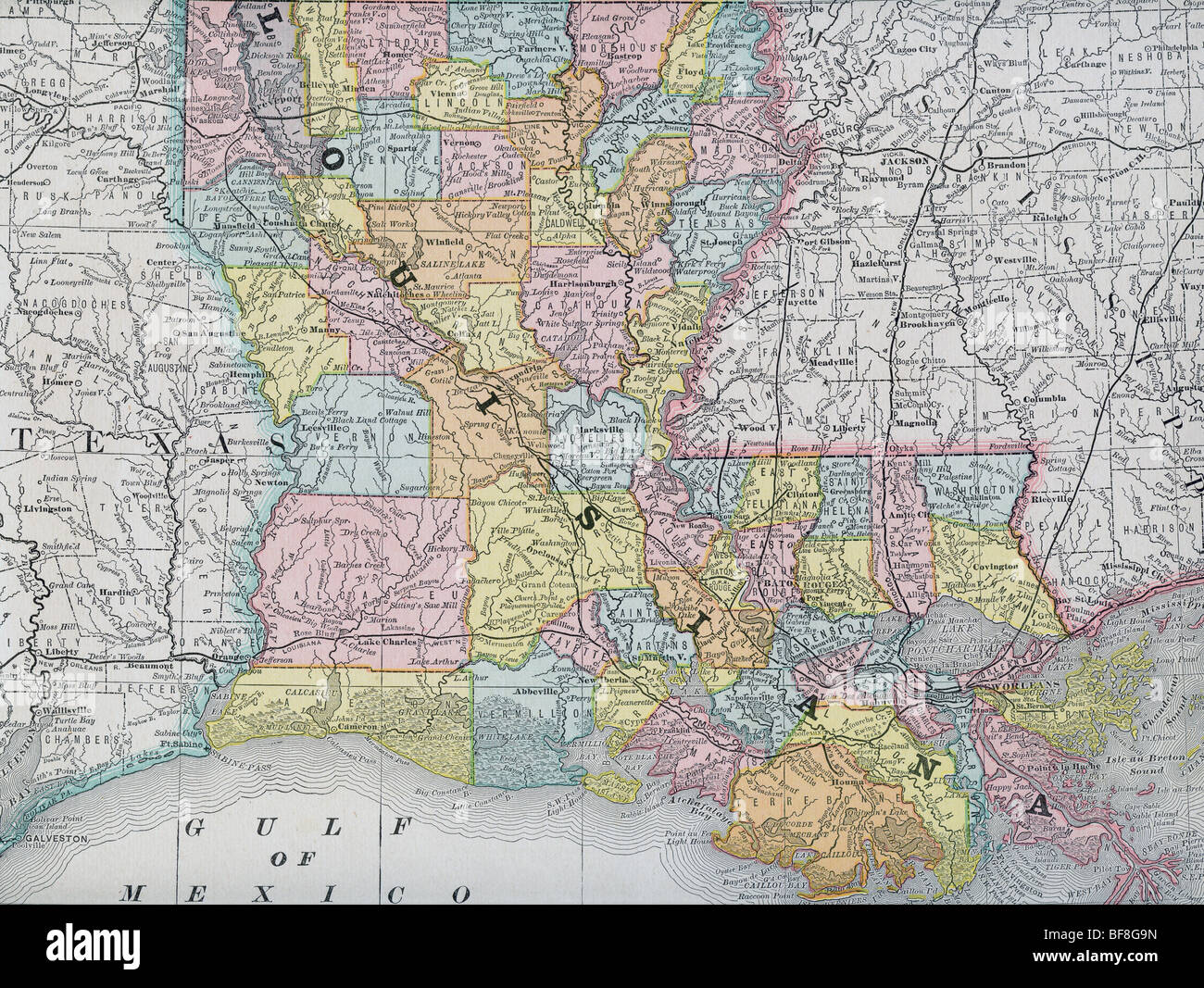 Original old map of Louisiana from 1884 geography textbook Stock Photo ...