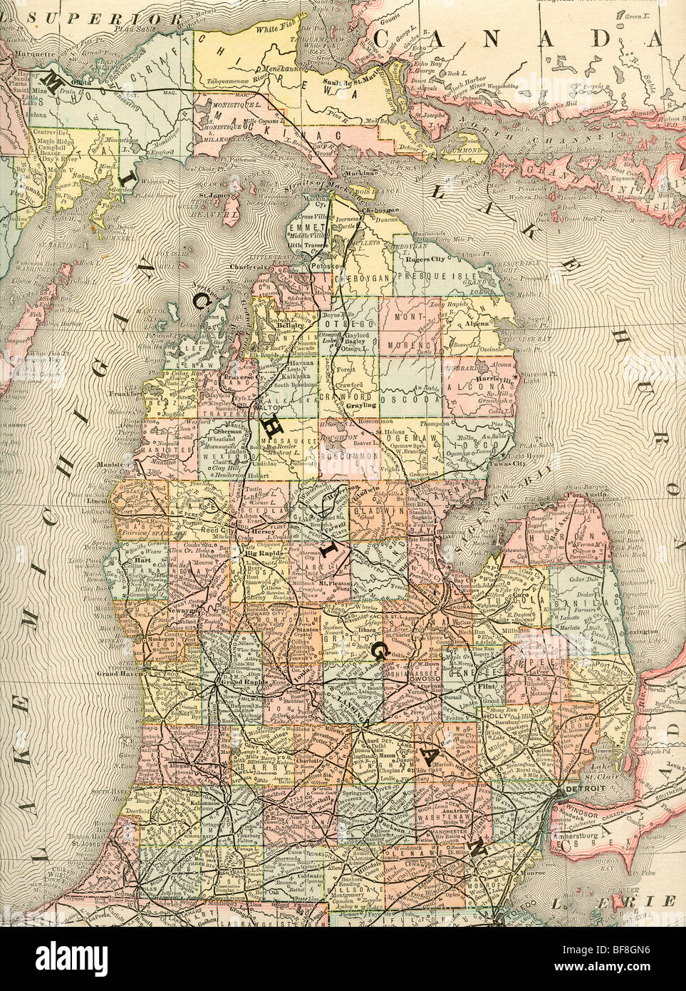 Original old map of Michigan from 1884 geography textbook Stock Photo ...